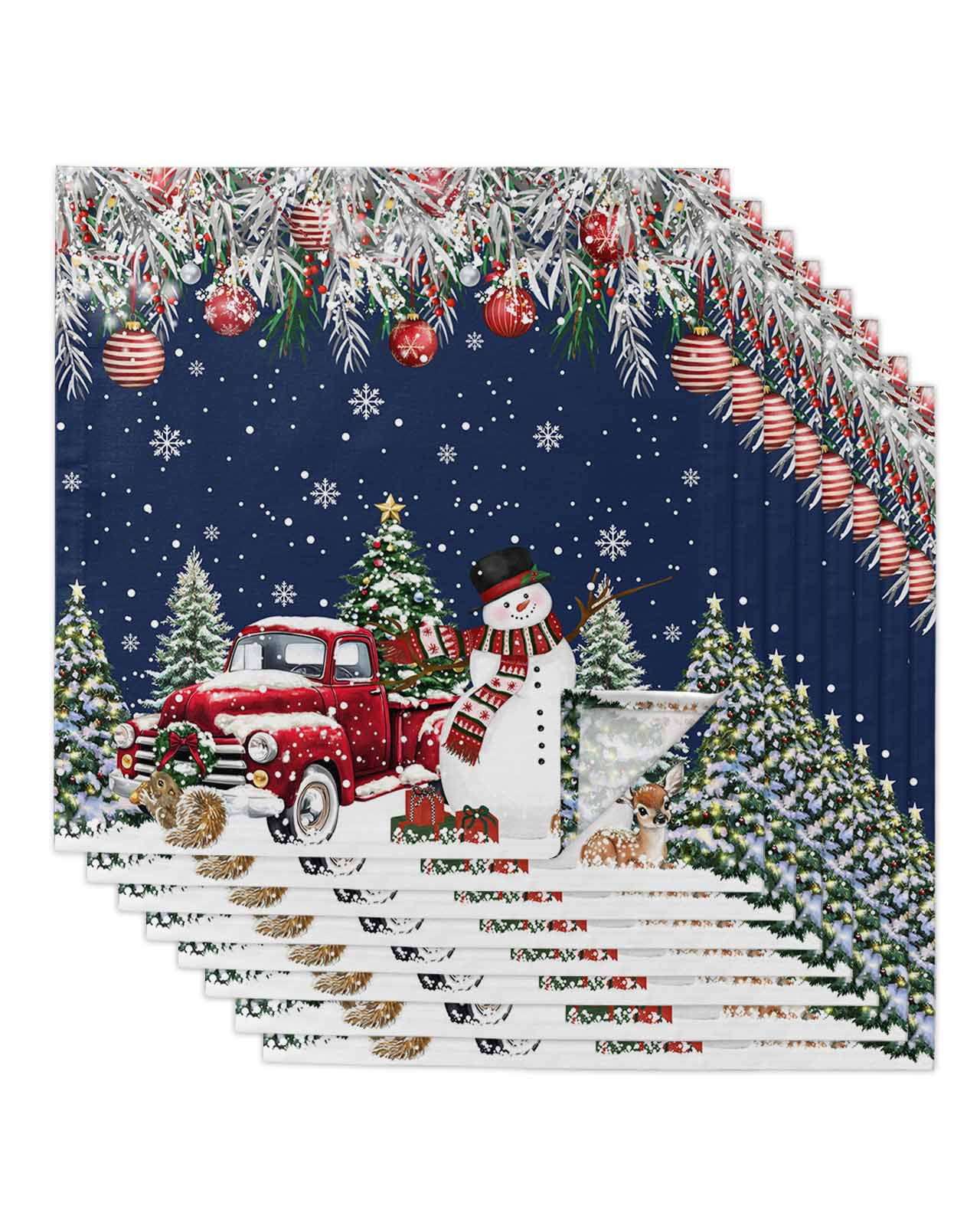 Navy Blue Christmas Cloth Napkins Washable Set of 8, Snowman Xmas Truck ...