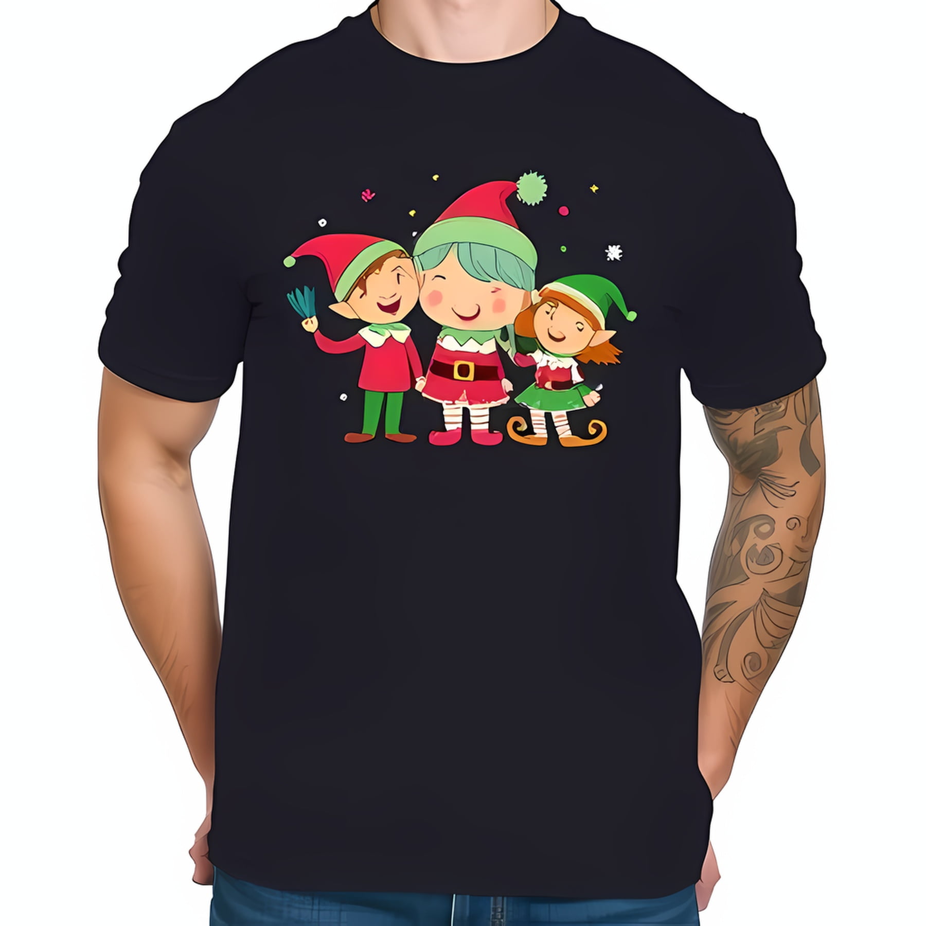 Navy Blue Christmas Elves T-Shirt - Cartoon Style Singing Elves with ...
