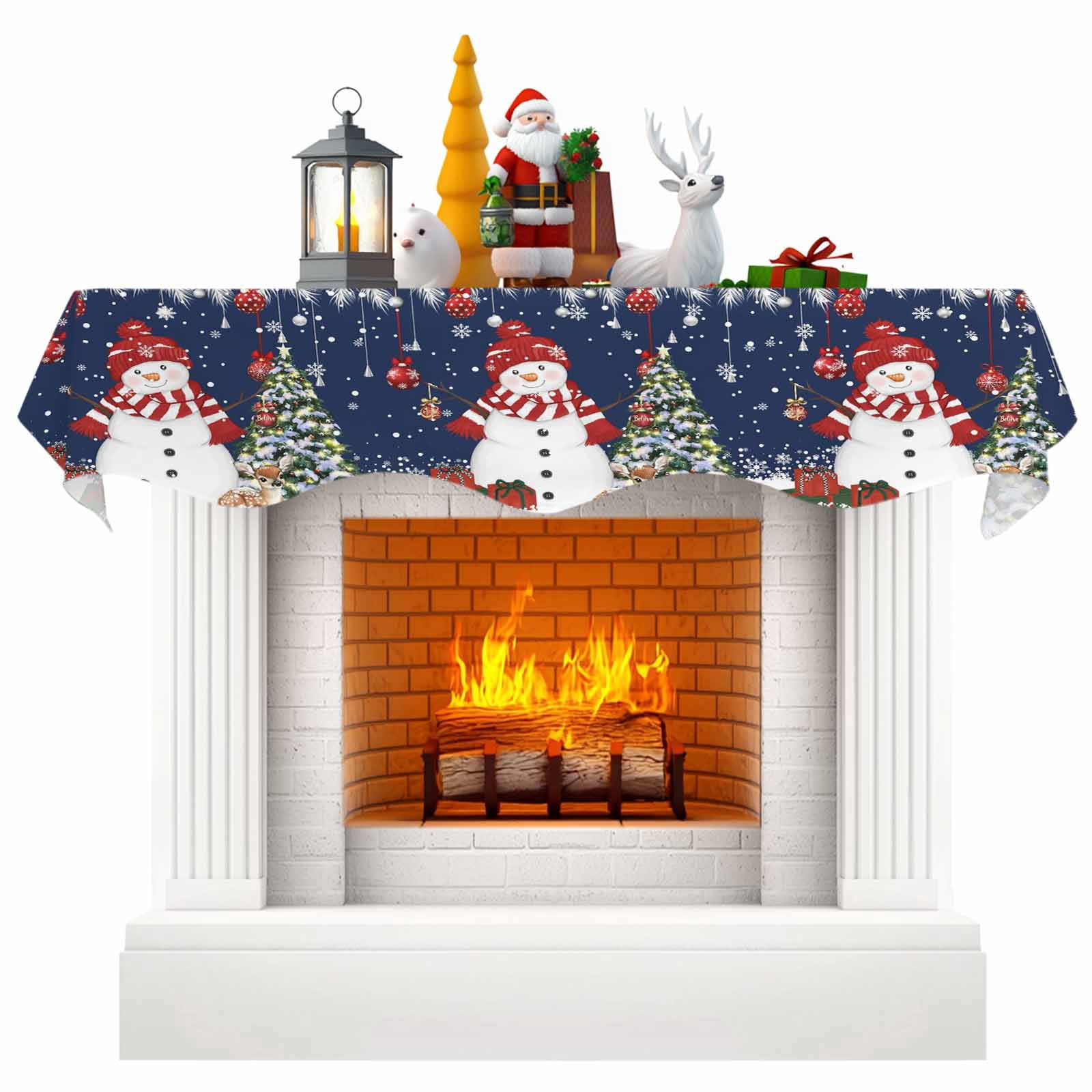 Navy Blue Christmas Fireplace Mantle Scarf, Snowman Xmas Balls Pine ...