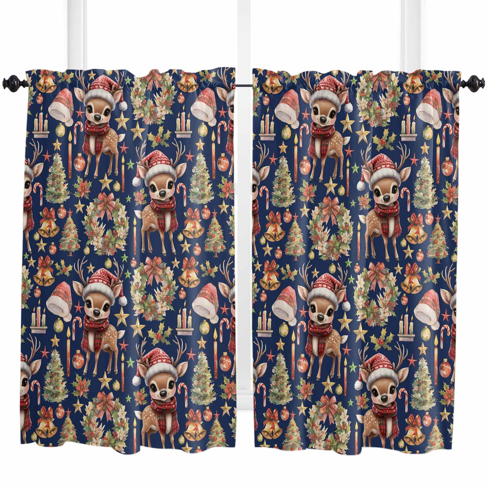 Navy Blue Christmas Kitchen Curtain 2 Panels Tiers Curtains 45 Inch ...