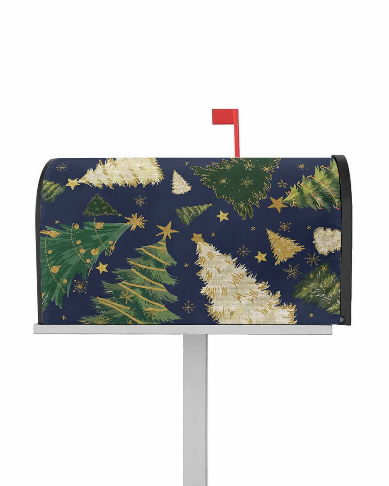 Navy Blue Christmas Mailbox Cover, Green Xmas Tree Star Winter ...
