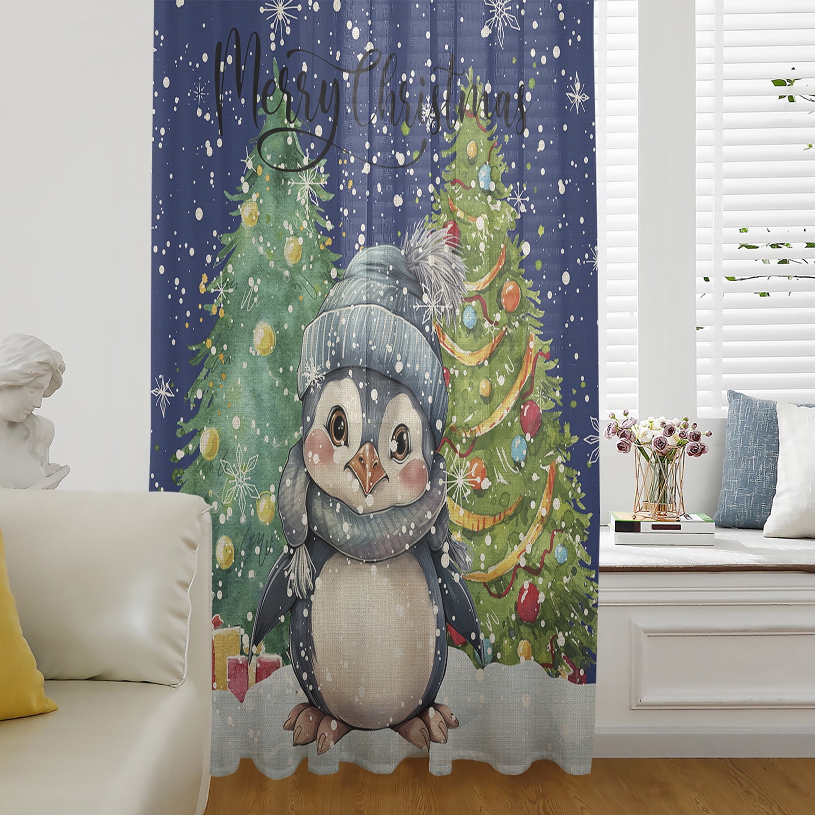 Navy Blue Christmas Penguins Semi Sheer Curtains Drapes for Living Room ...