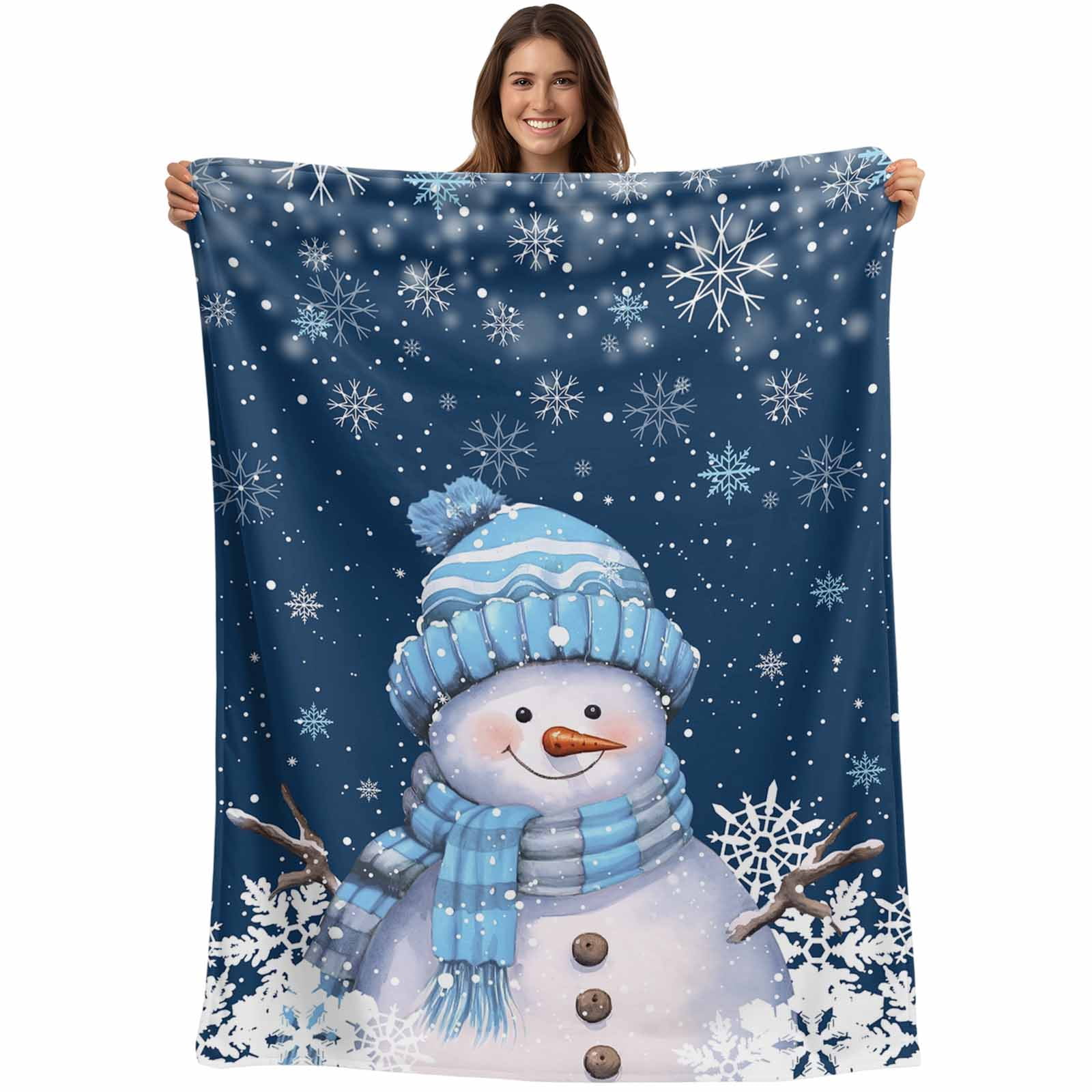 Navy Blue Christmas Snowman Throw Blankets, Winter Snowflakes Soft ...