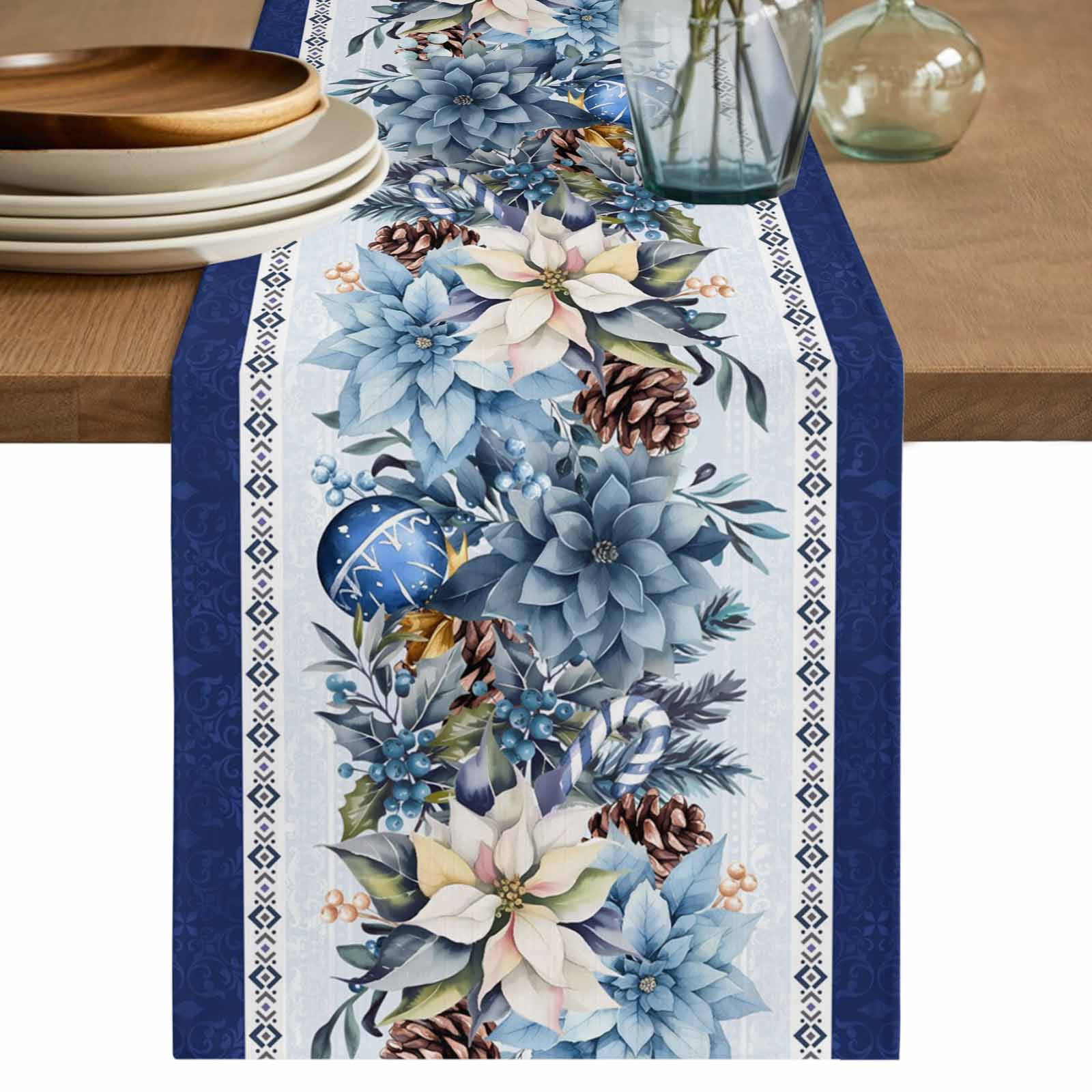 Navy Blue Christmas Table Runner 108 Inches, Poinsettia Xmas Ball Berry Winter Bed Runner ...