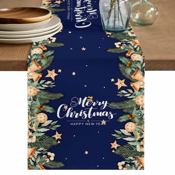 Navy Blue Christmas Table Runner 60 Inches, Xmas Botanical Ball Bell ...