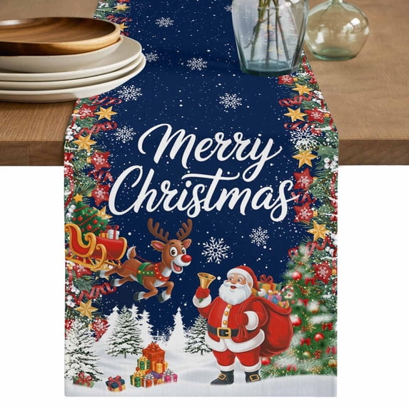 Navy Blue Christmas Table Runner 72 Inches, Santa Elk Gifts Snowflake ...