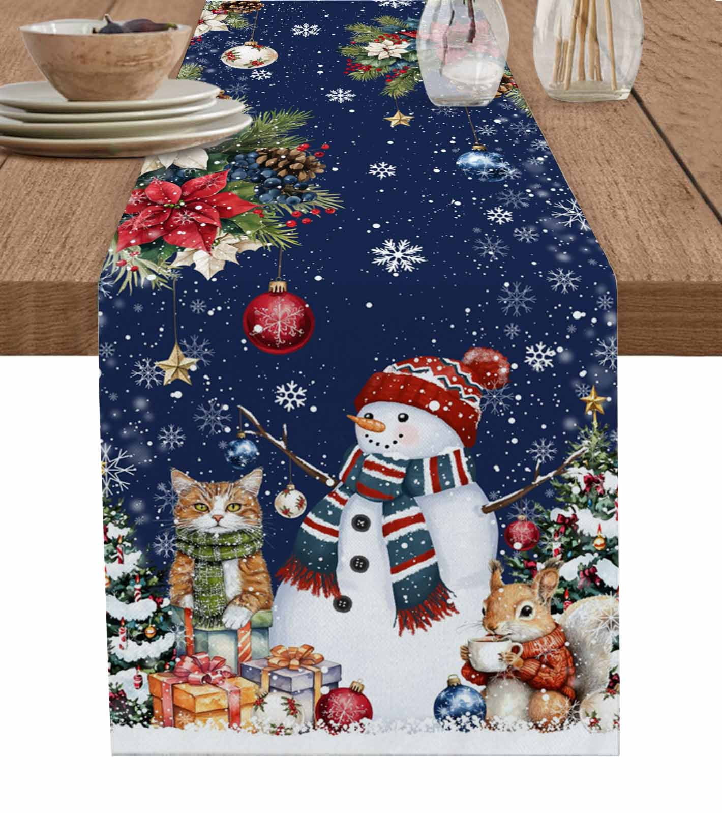 Navy Blue Christmas Table Runner 90 Inches, Snowman Poinsettia Pine ...