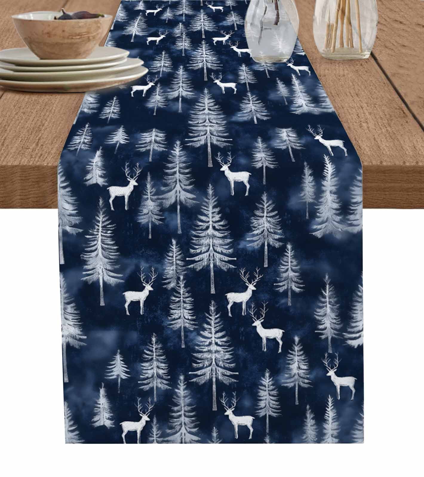 Navy Blue Christmas Table Runner Xmas Tree Elk Christmas Tablerunners ...