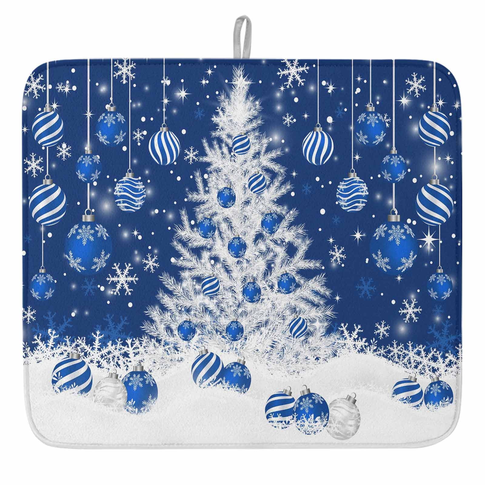 Navy Blue Christmas Tree Dish Drying Mat, Winter Xmas Snowflake Balls ...