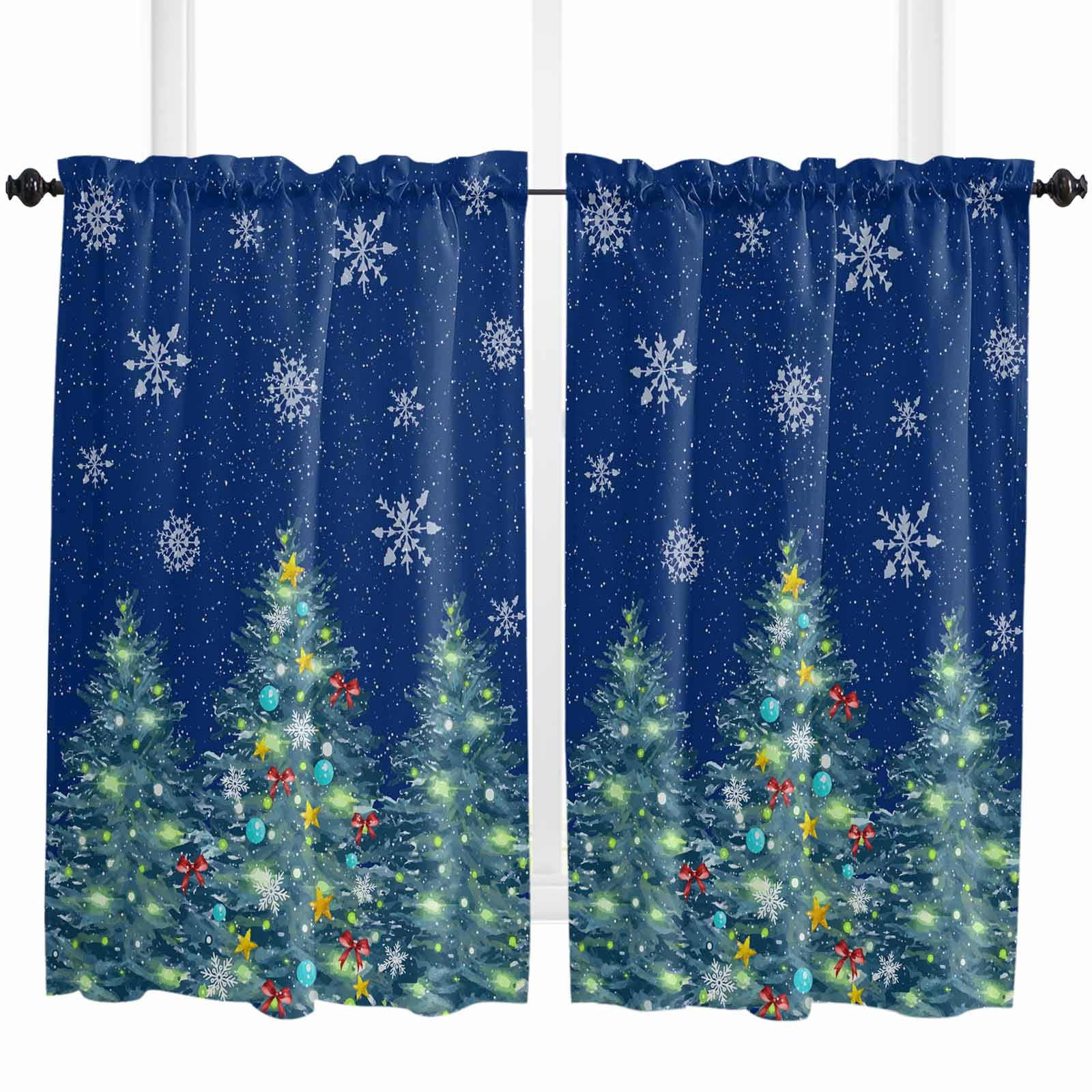 Navy Blue Christmas Tree Kitchen Curtain 2 Panels Curtains 45 Inch ...