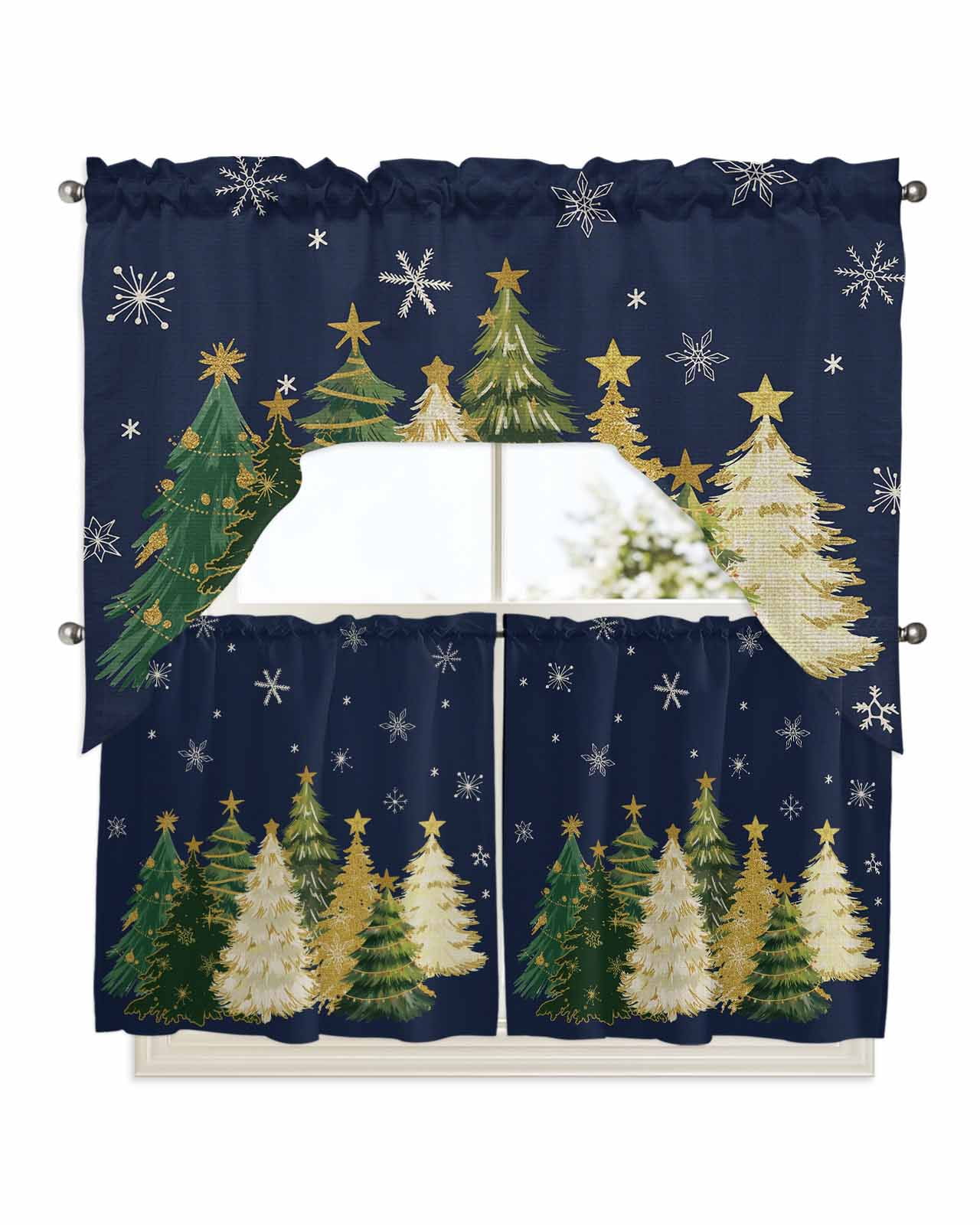 Navy Blue Christmas Tree Kitchen Curtains Swag Valance and Tier ...