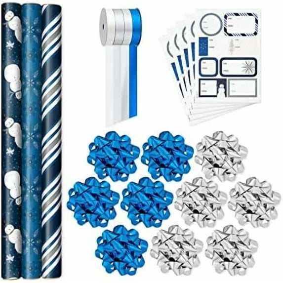 Navy Blue Christmas Wrapping Paper Set (90 sq. ft. ttl, 10 Bows, 4 ...