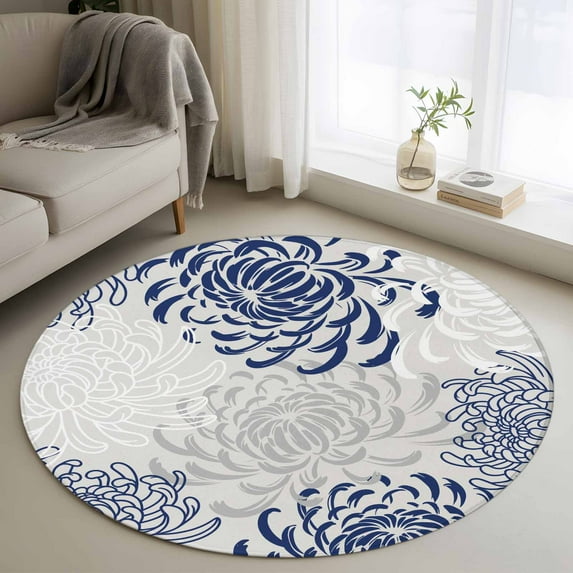 Navy Blue Chrysanthemum 4ft Round Rug, Farmhouse Botanical Floral ...