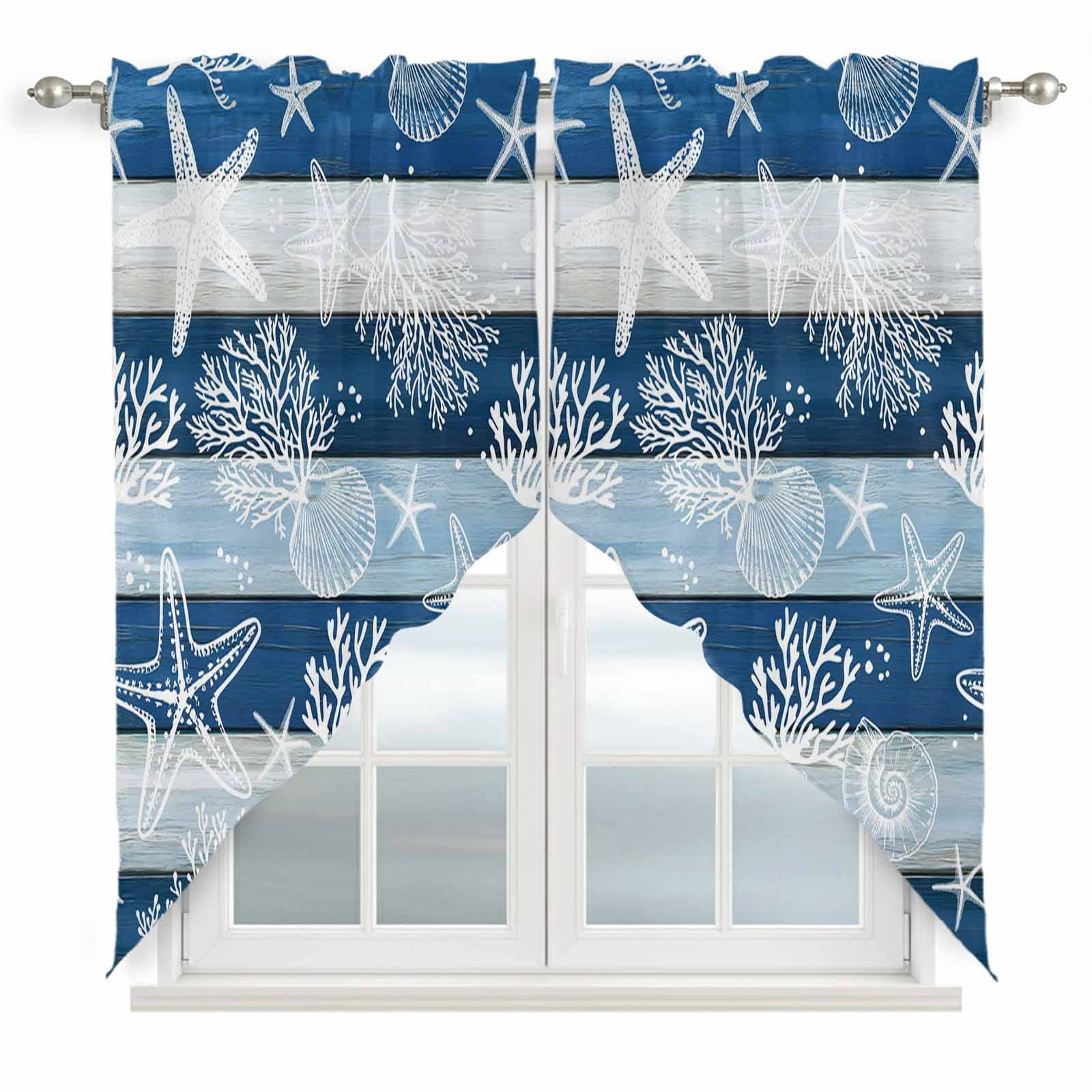 Navy Blue Coastal Beach Swag Valances for Windows, Kitchen Window ...