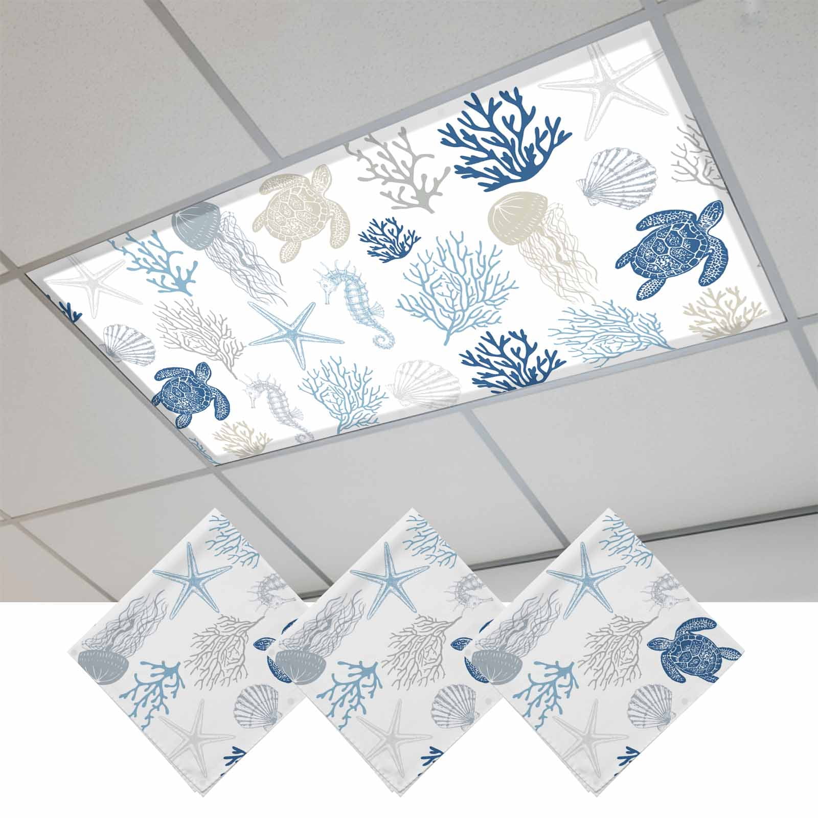 Navy Blue Coastal Fluorescent Light Covers, Nautical Summer Beach Coral ...