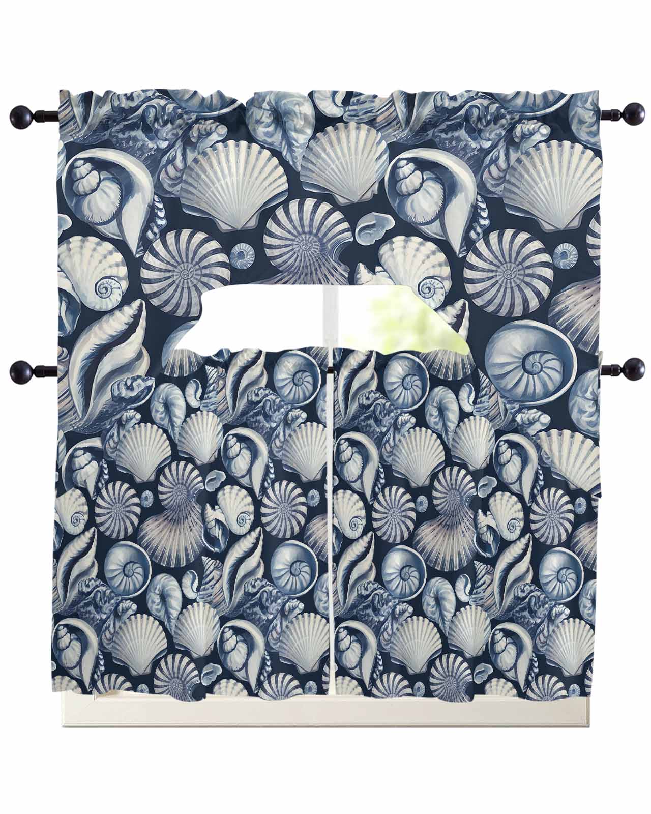 Navy Blue Coastal Kitchen Curtains Swag Valance and Tier Curtains Set ...