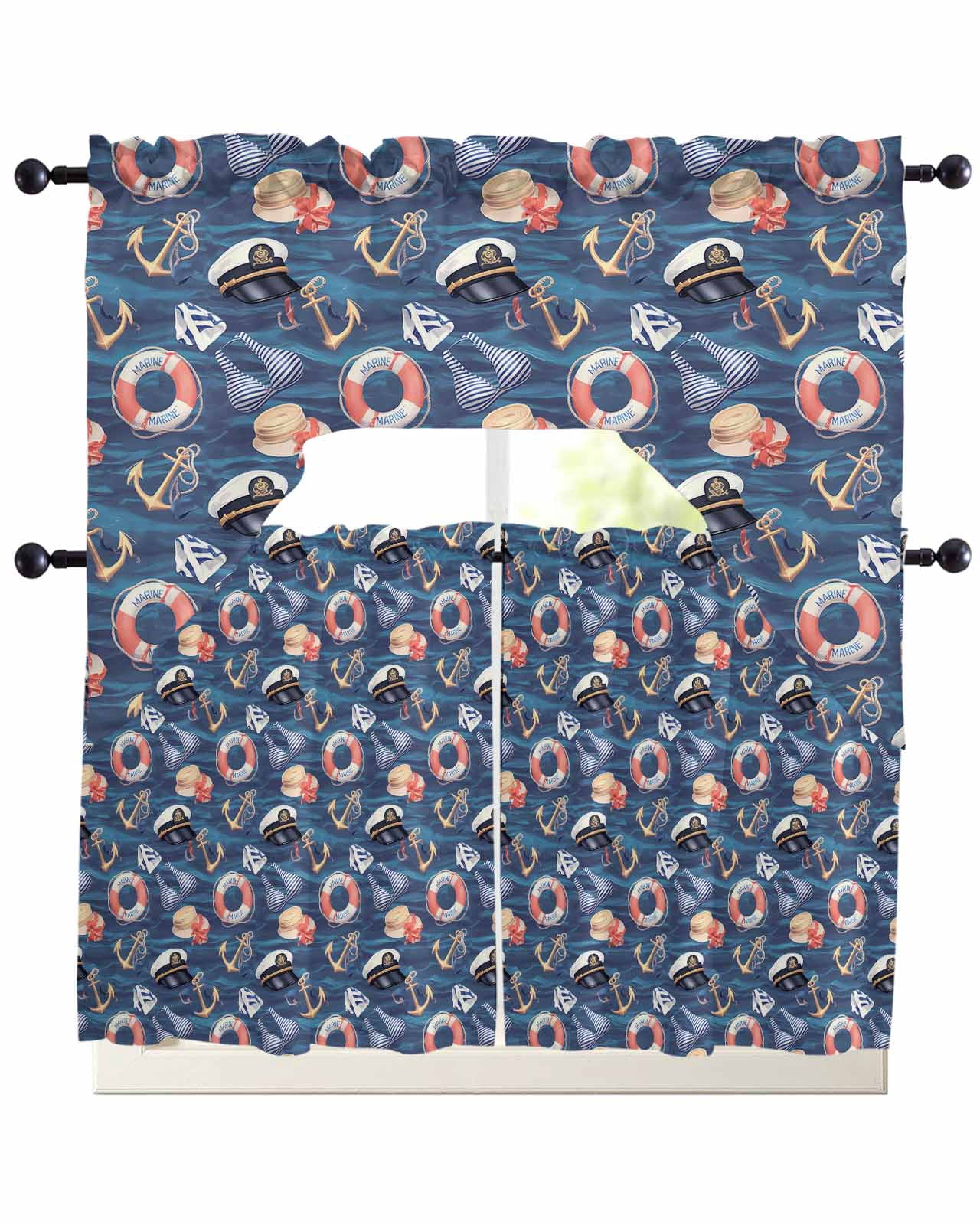 Navy Blue Coastal Kitchen Curtains Swag Valance and Tier Curtains Set ...