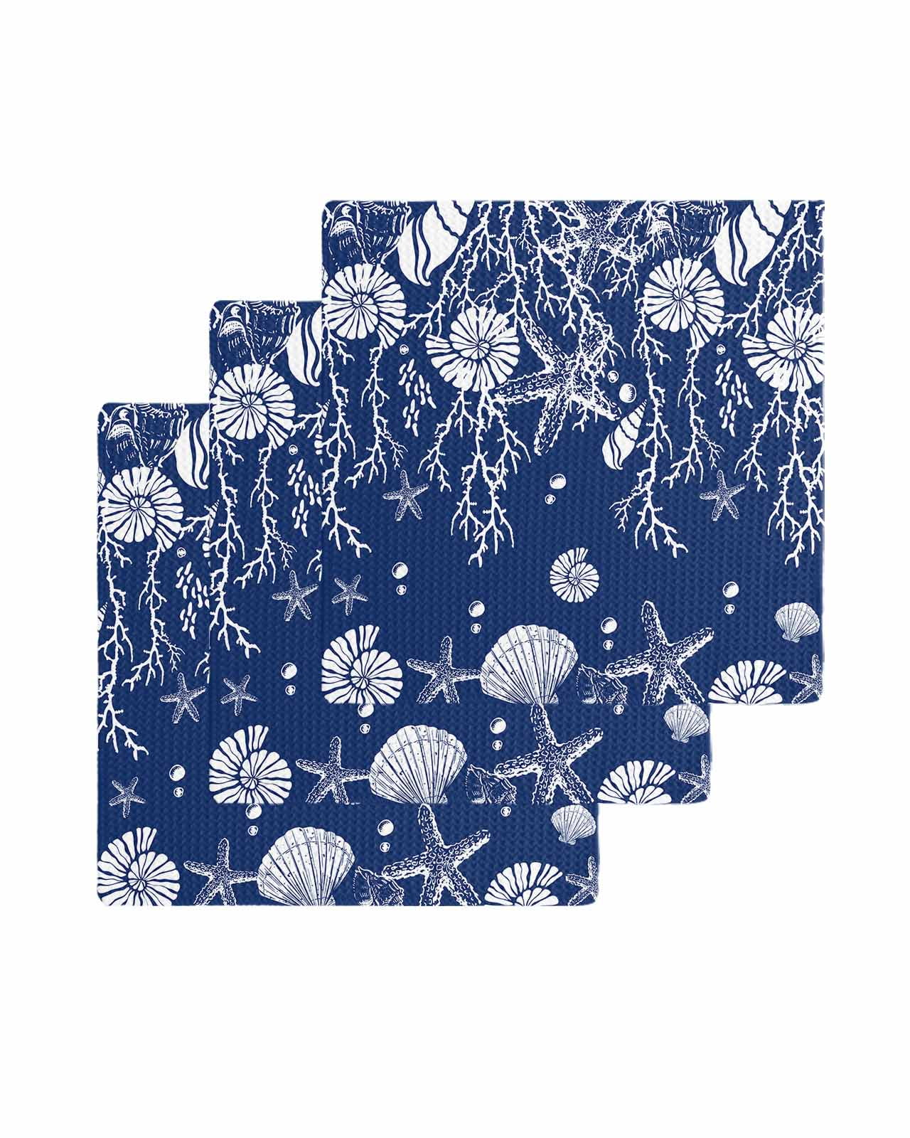 Navy Blue Coastal Kitchen Dish Towels for Drying Dishes Set of 3, Starfish Coral Ocean Conch Sea ...