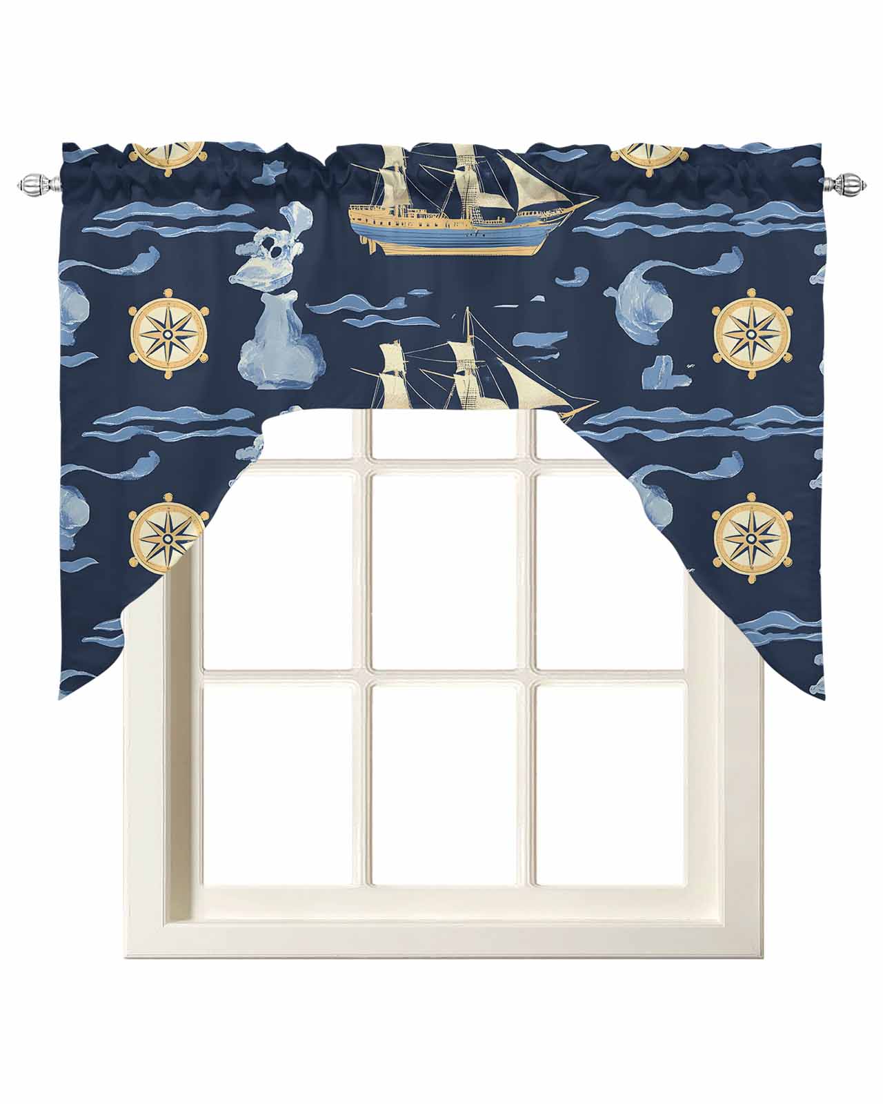Navy Blue Coastal Kitchen Swag Valances for Windows, Nautical Modern ...