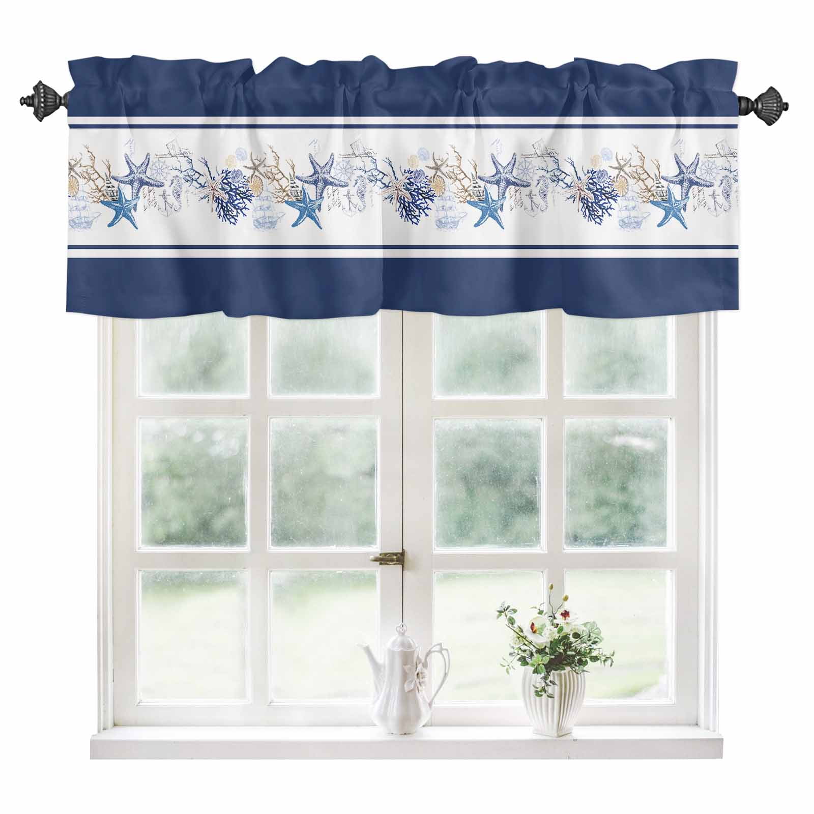 Navy Blue Coastal Kitchen Valances for Windows 42x12 Inch Kitchen ...