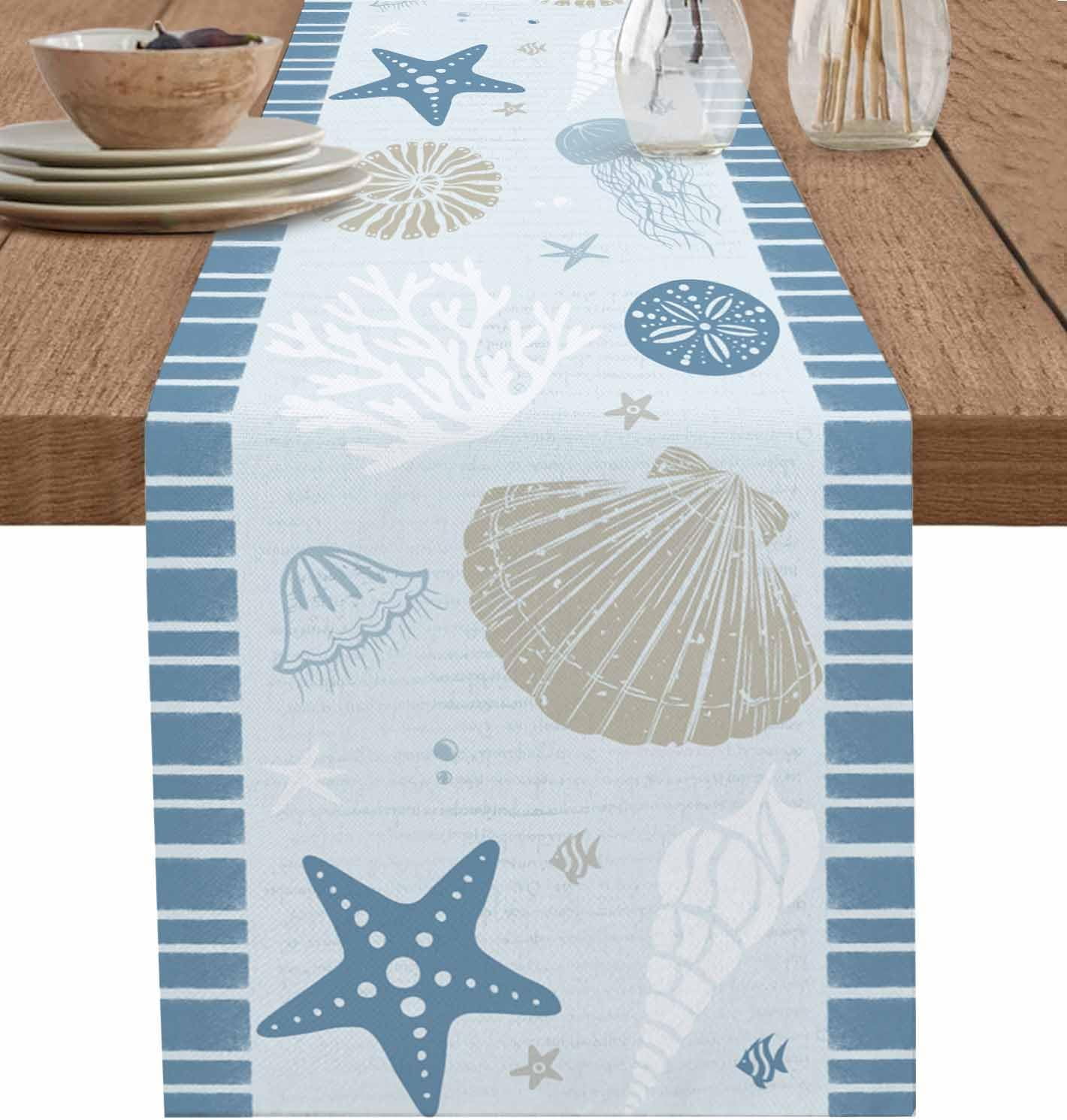 Navy Blue Coastal Linen Table Runners Ocean Star Coral Striped Dresser ...