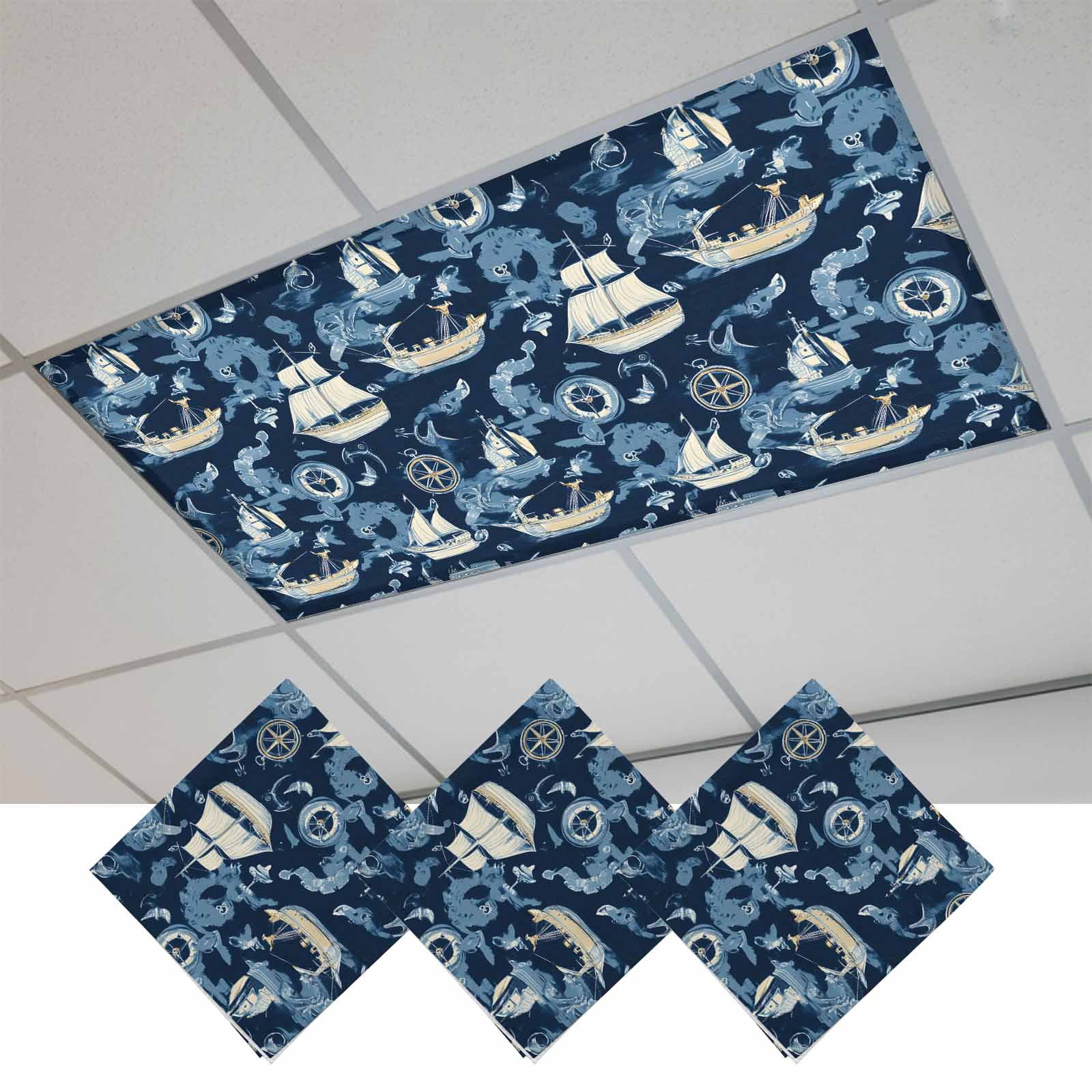 Navy Blue Coastal Magnetic Fluorescent Light Covers for Ceiling Lights ...