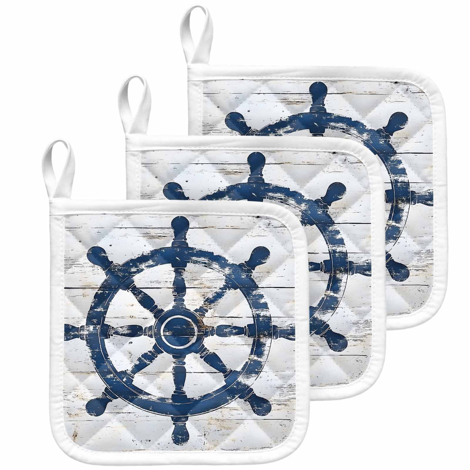 Navy Blue Coastal Pot Holders for Kitchen Heatproof Potholder, 3 Pack ...