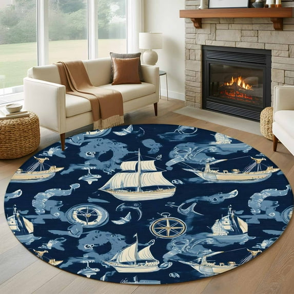 Navy Blue Coastal Round Area Rug 6 FT, Non Slip Bedroom Rugs, Nautical ...