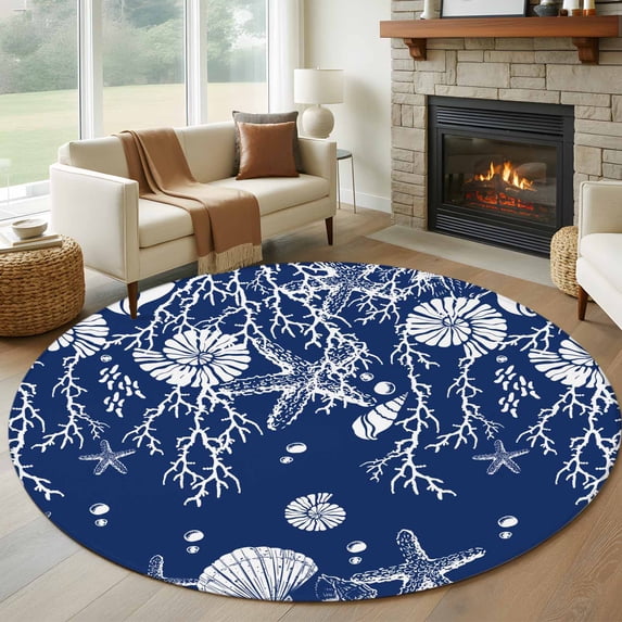 Navy Blue Coastal Round Area Rug 6 FT,Non Slip Bedroom Rugs,Starfish ...