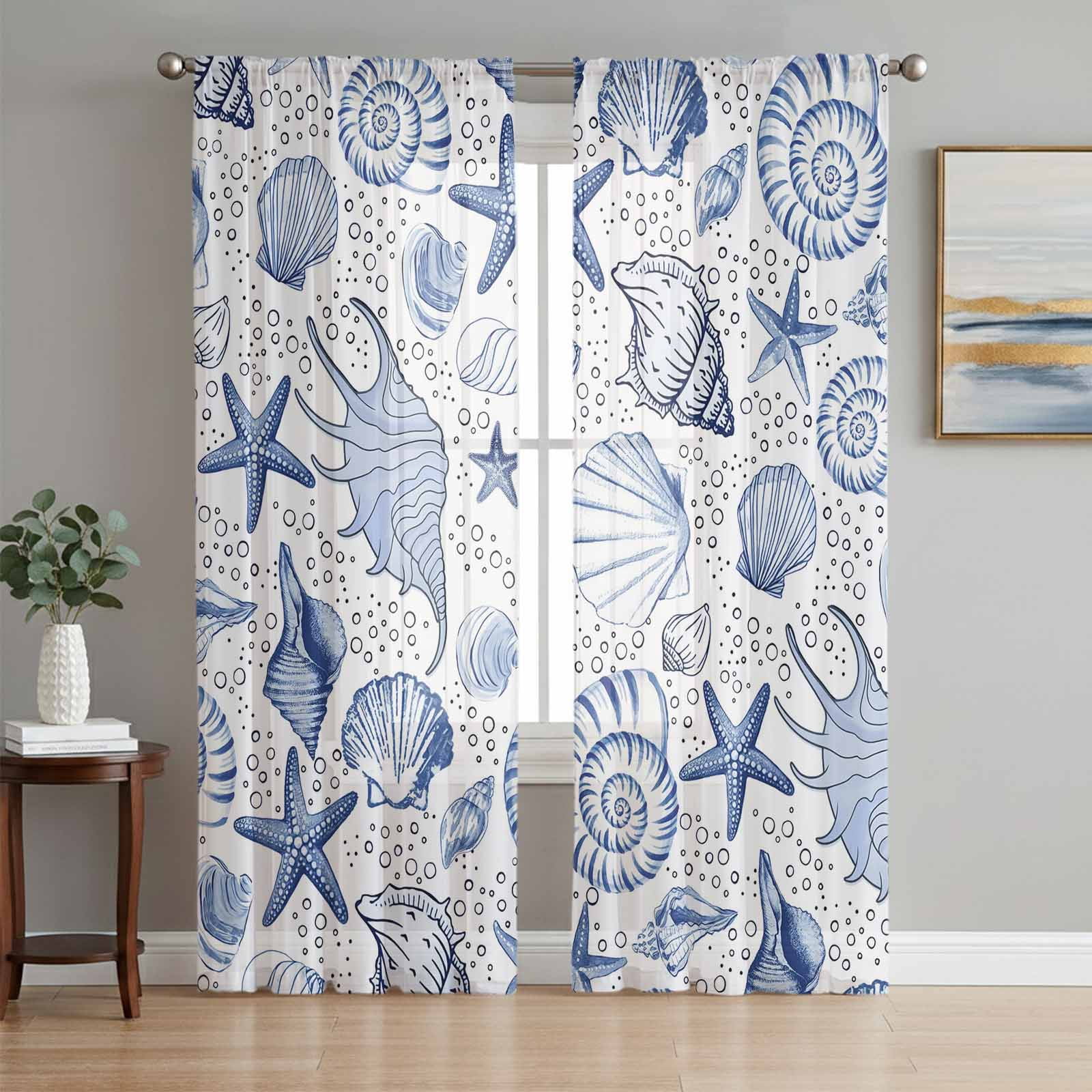Navy Blue Coastal Sheer Curtains 72 Inch Length 2 Panels Set, Nautical ...