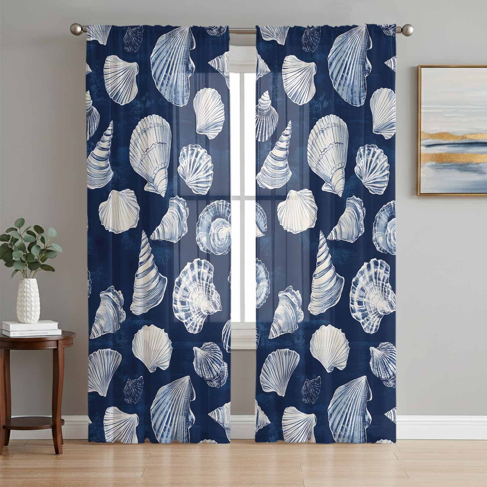 Navy Blue Coastal Sheer Curtains 72 Inch Length 2 Panels Set, Shell ...
