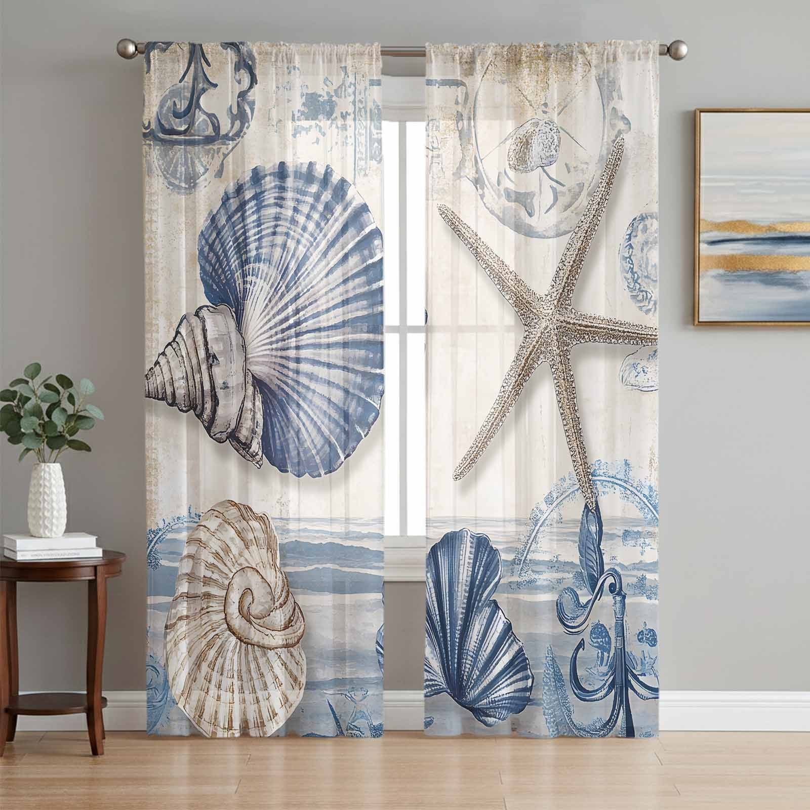Navy Blue Coastal Sheer Curtains 72 Inch Length 2 Panels Set, Vintage ...