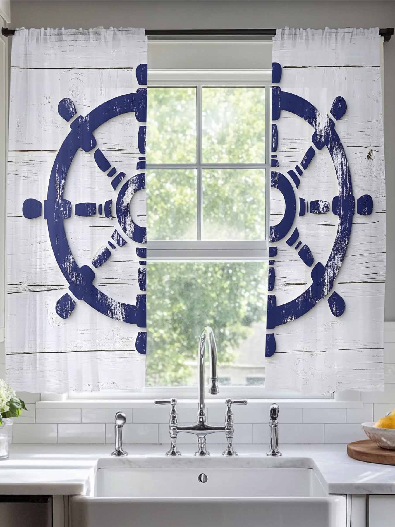 Navy Blue Coastal Sheer Curtains for Living Room Bedroom Nautical ...