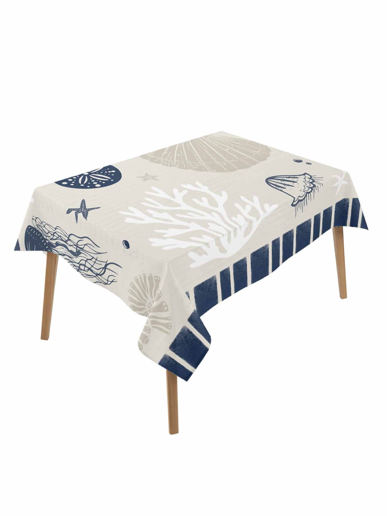 Navy Blue Coastal Table Cloth, Ocean Nautical Starfish Coral Striped ...