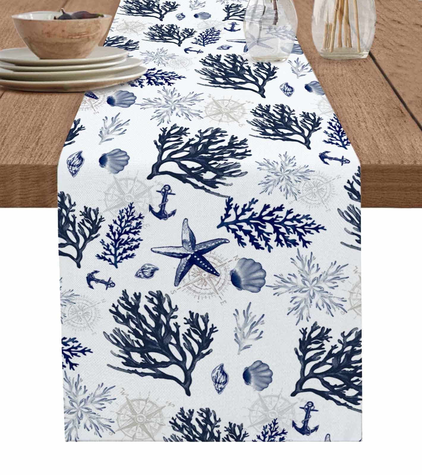 Navy Blue Coastal Table Runner 108 Inches, Coral Shell Summer Beach ...