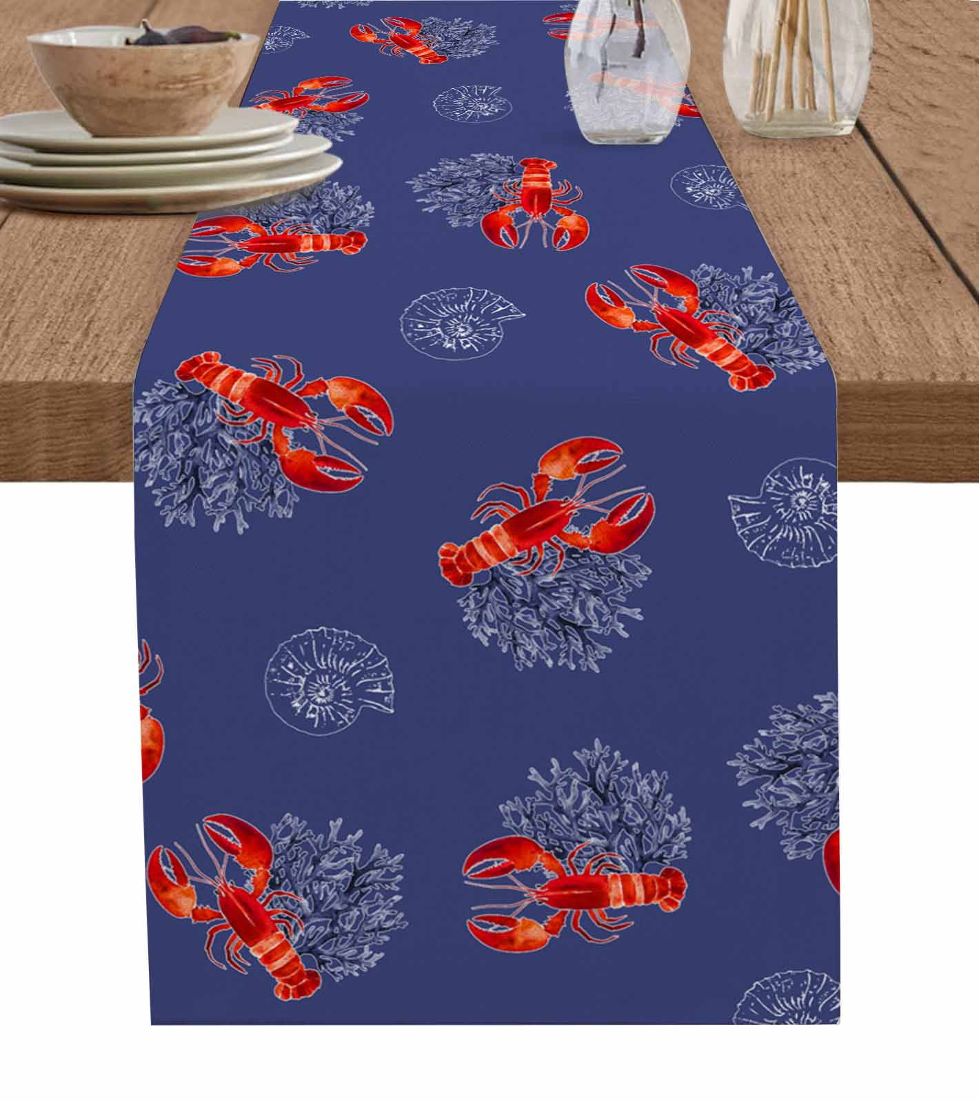Navy Blue Coastal Table Runner 120 Inches, Red Lobster Nautical Ocean ...
