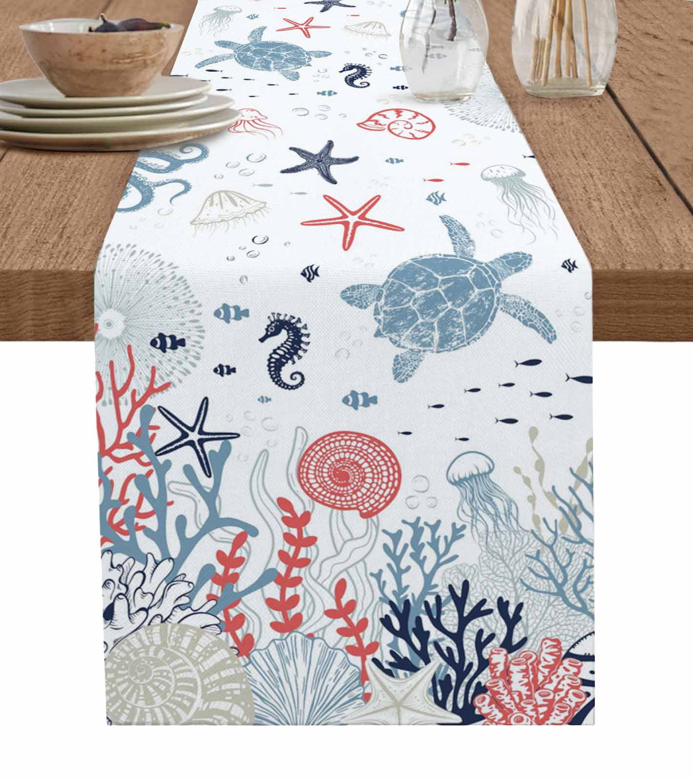 Navy Blue Coastal Table Runner 72 Inches, Coral Turtle Starfish ...