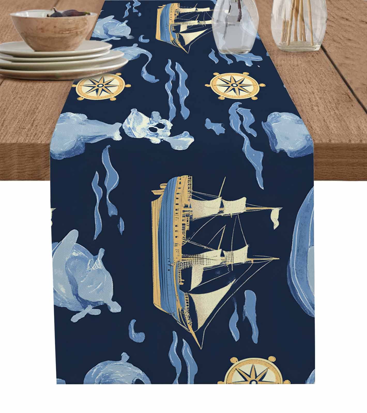 Navy Blue Coastal Table Runner 72 Inches, Nautical Modern Art Boat ...