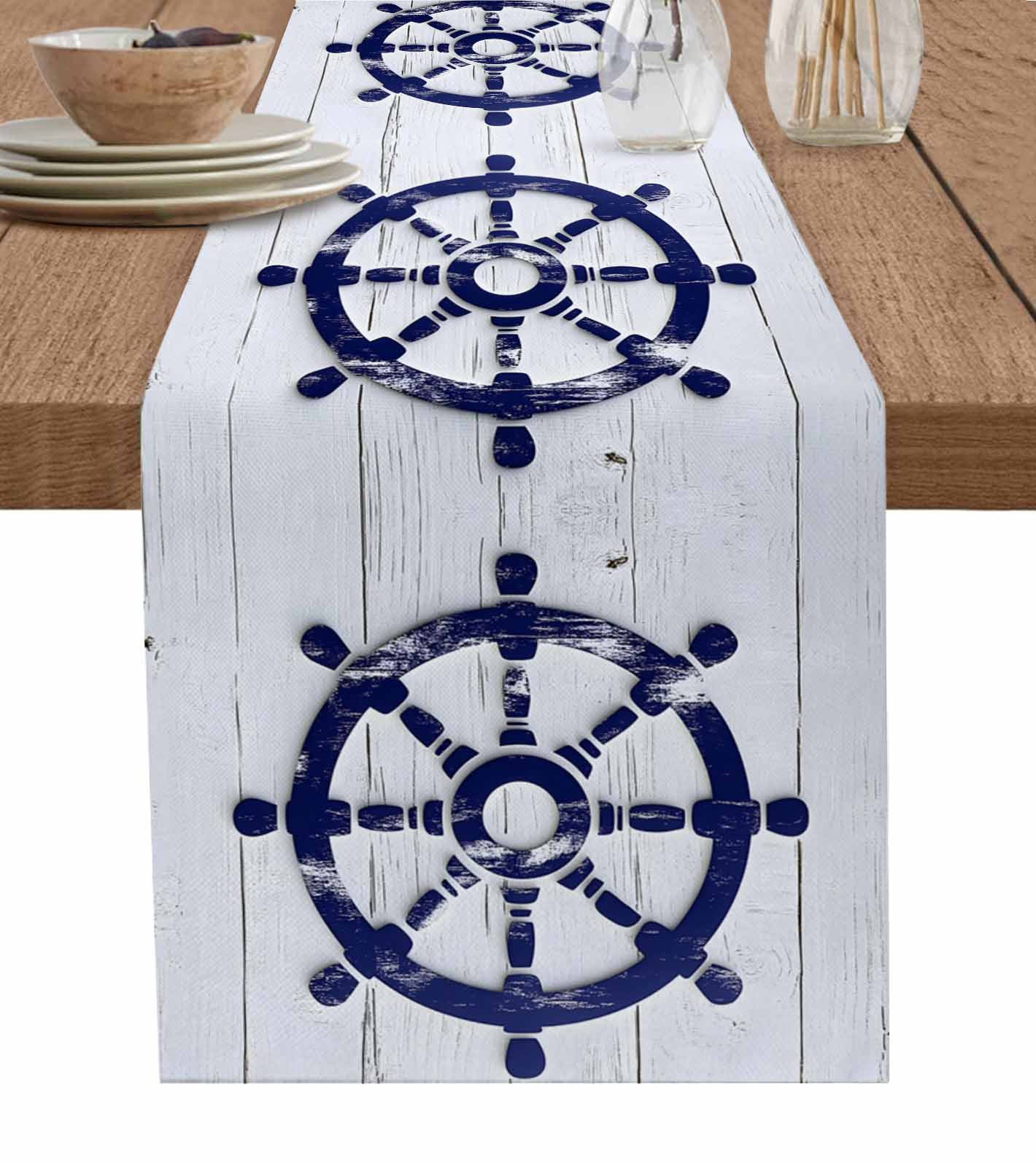 Navy Blue Coastal Table Runner 72 Inches, Nautical Summer Beach Ocean ...