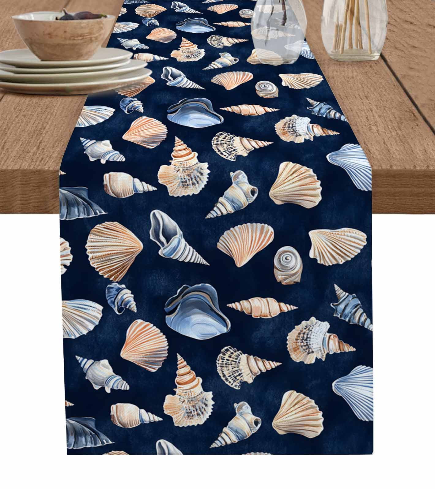 Navy Blue Coastal Table Runner 72 Inches, Shell Conch Nautical Summer ...