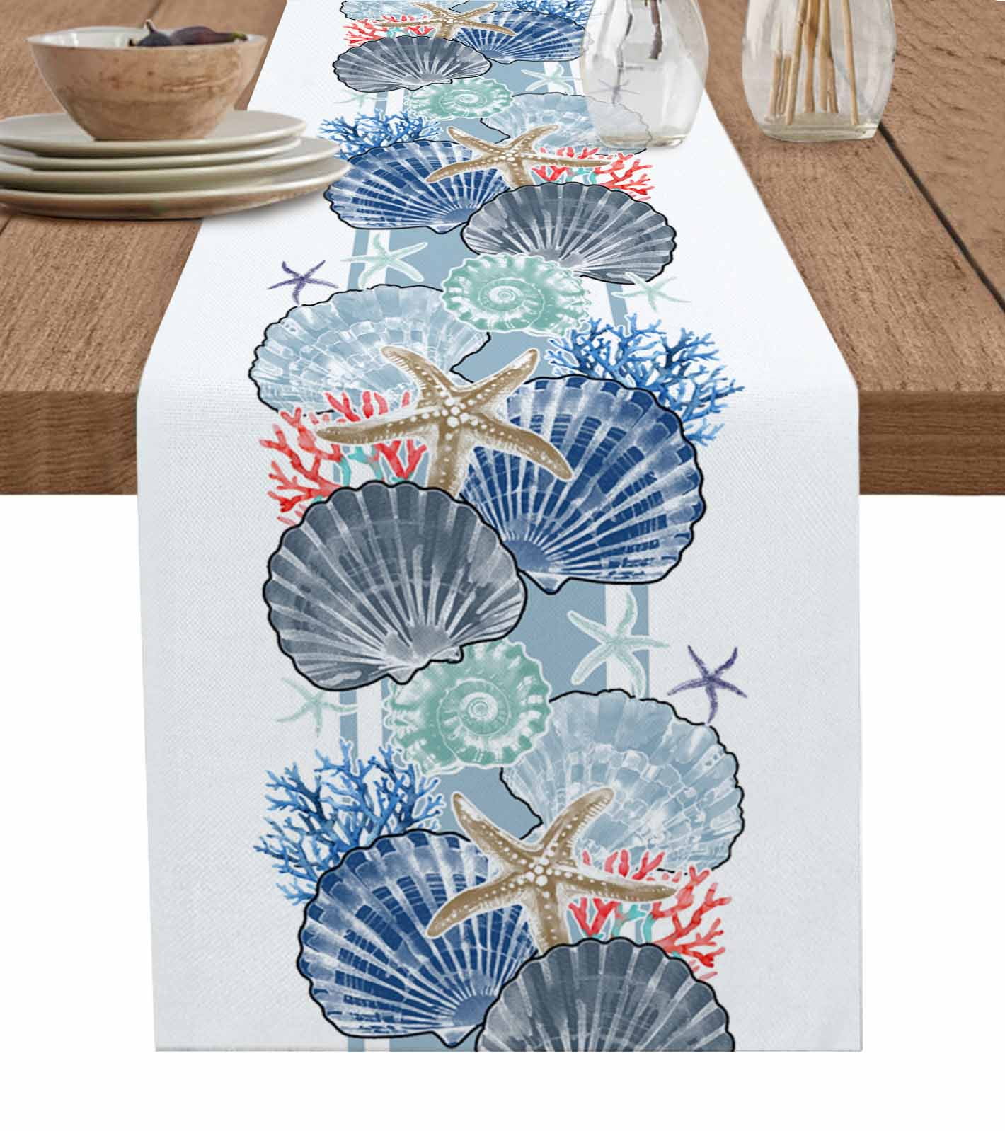 Navy Blue Coastal Table Runner 72 Inches, Summer Beach Nautical Shell ...