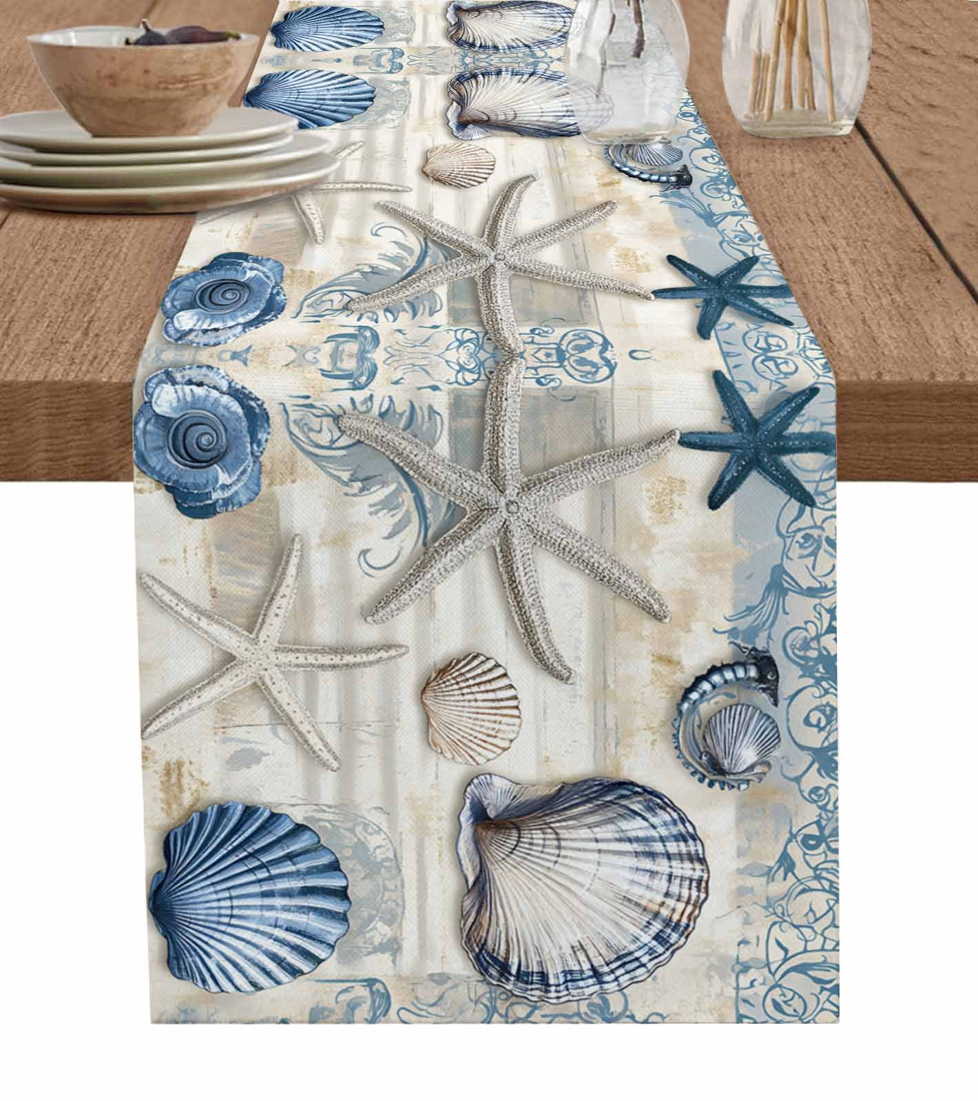 Navy Blue Coastal Table Runner 72 Inches, Summer Beach Shell Starfish ...