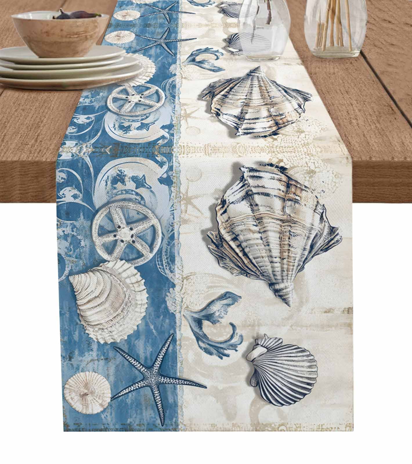 Navy Blue Coastal Table Runner 72 Inches, Vintage Ocean Beach Shell ...