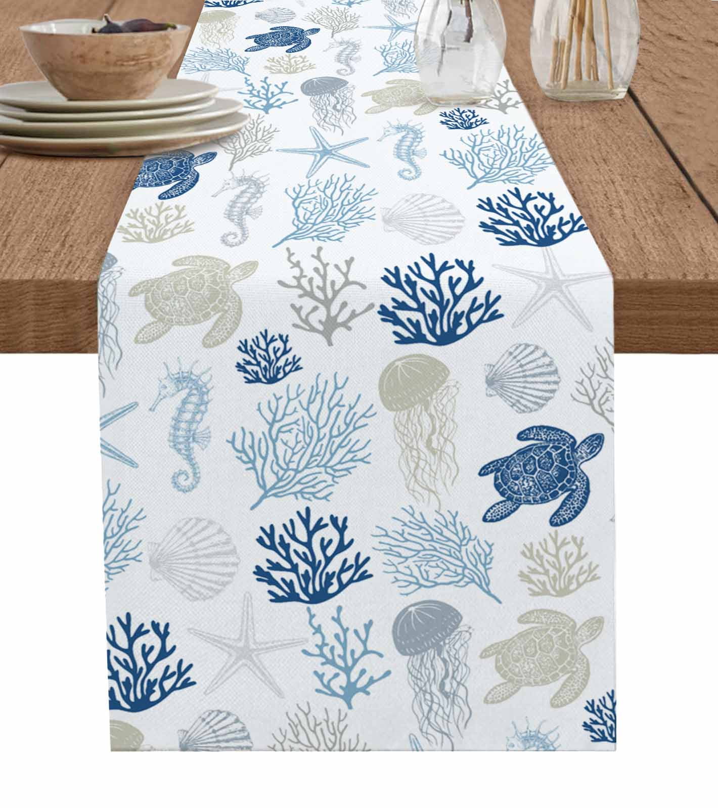 Navy Blue Coastal Table Runner Nautical Summer Beach Coral Sea Turtle Tablerunners 13 x 120 Inch ...