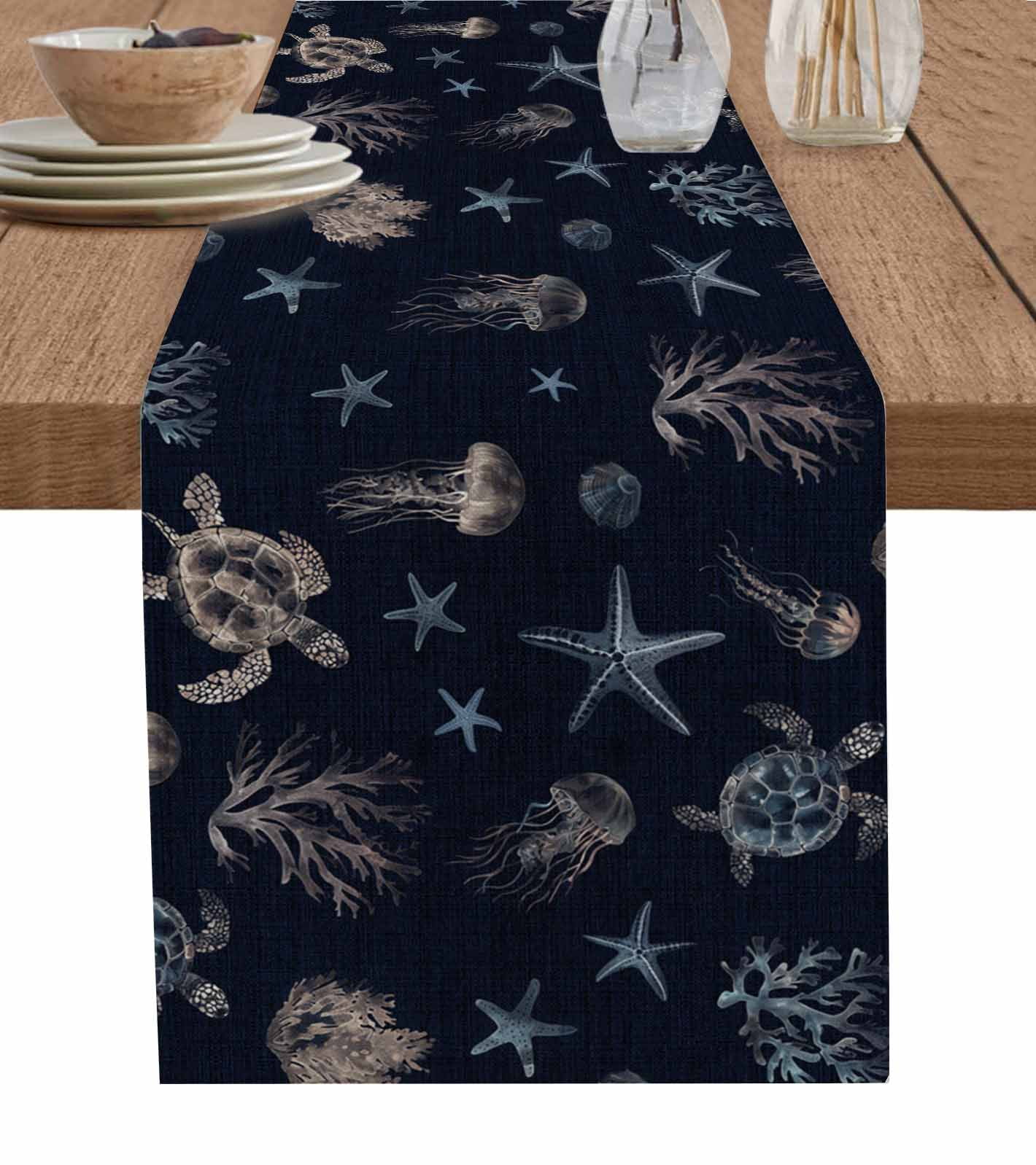 Navy Blue Coastal Table Runner Nautical Summer Beach Sea Turtle ...