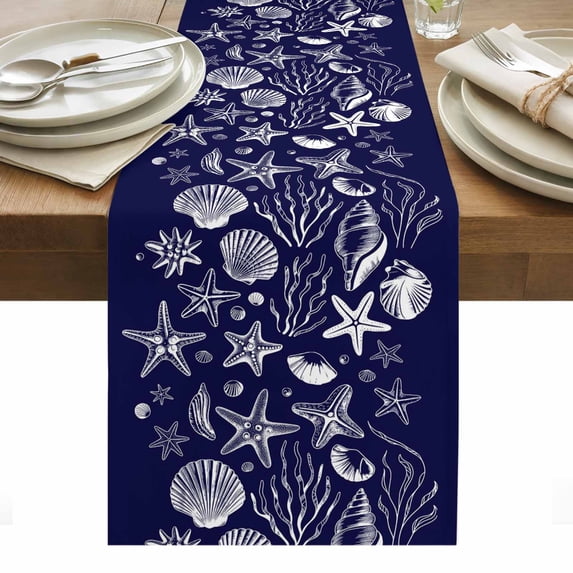 Navy Blue Coastal Table Runner Summer Beach Ocean Coral Shell Starfish ...