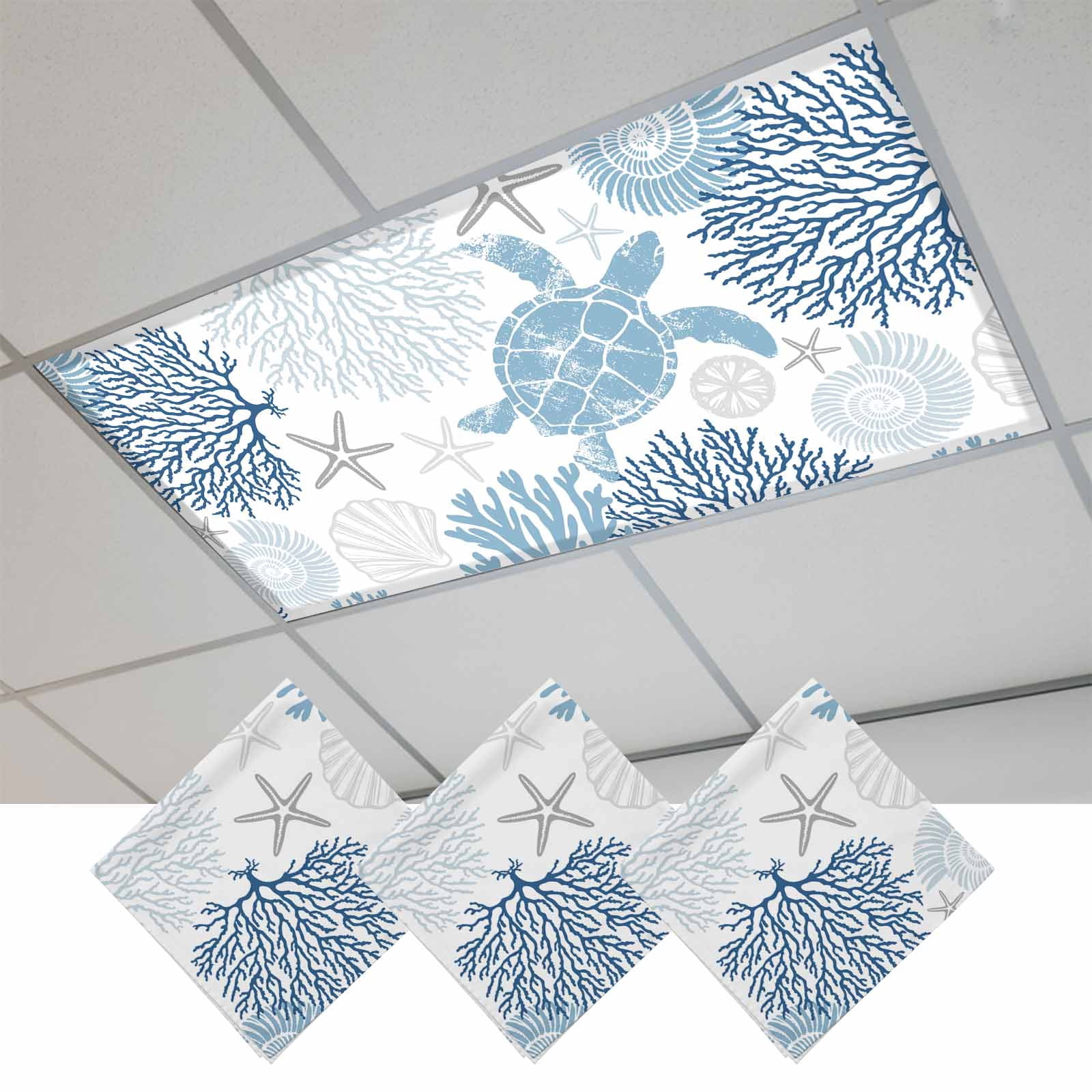 Navy Blue Coastal Turtle Fluorescent Light Covers, Ocean Coral Nautical ...