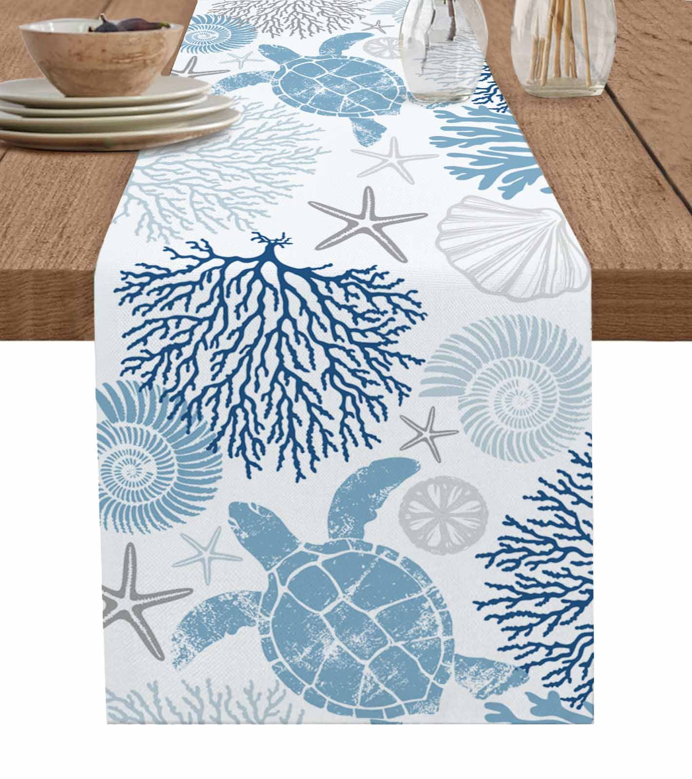 Navy Blue Coastal Turtle Table Runner 72 Inches, Ocean Coral Nautical ...