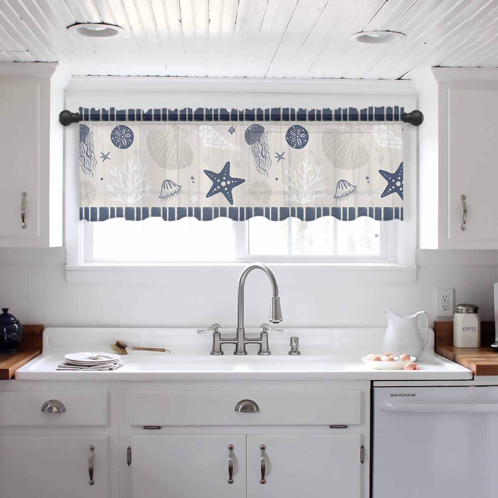Navy Blue Coastal Valance Curtains for Kitchen/Living Room/Bathroom ...