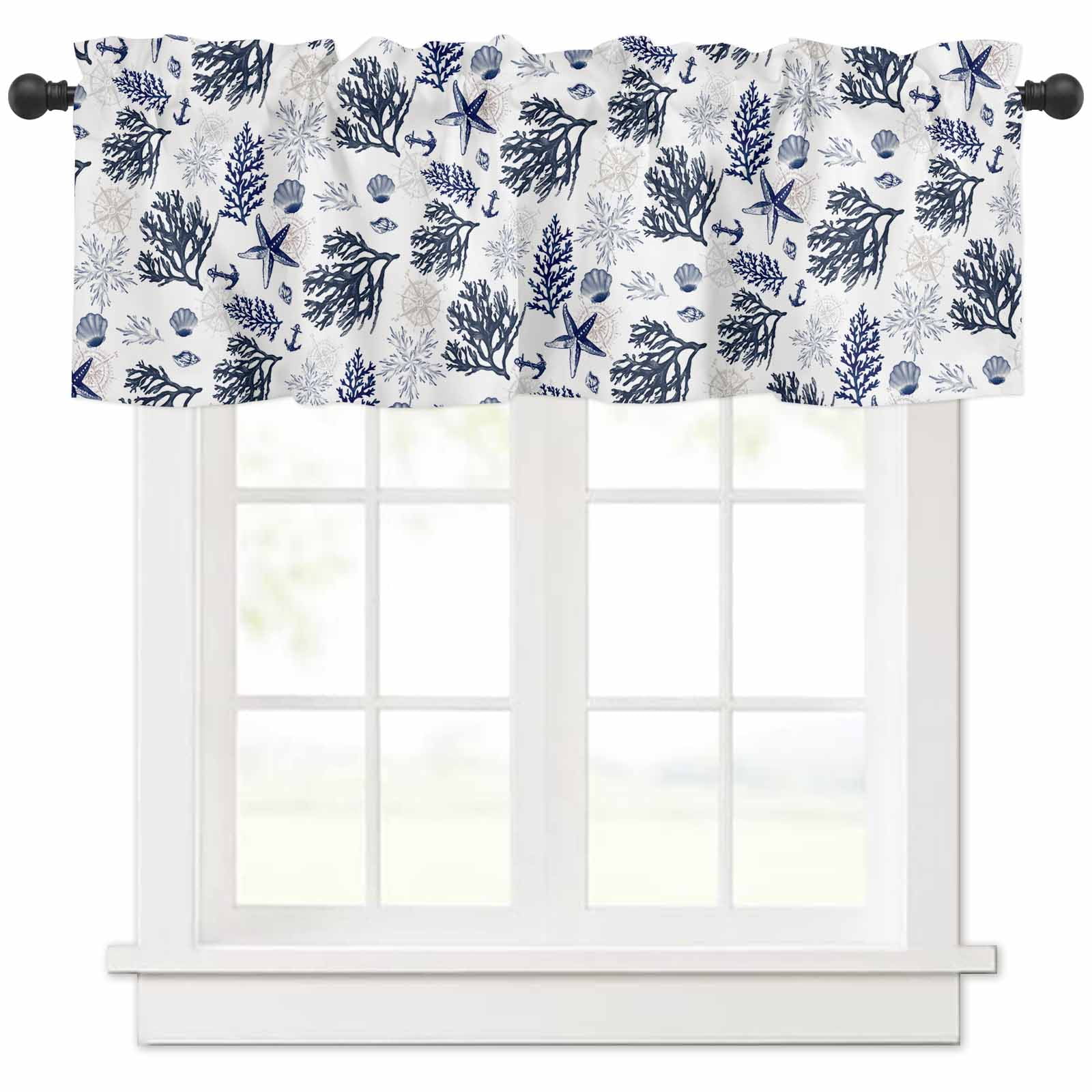 Navy Blue Coastal Valances for Windows Farmhouse Kitchen Curtains ...